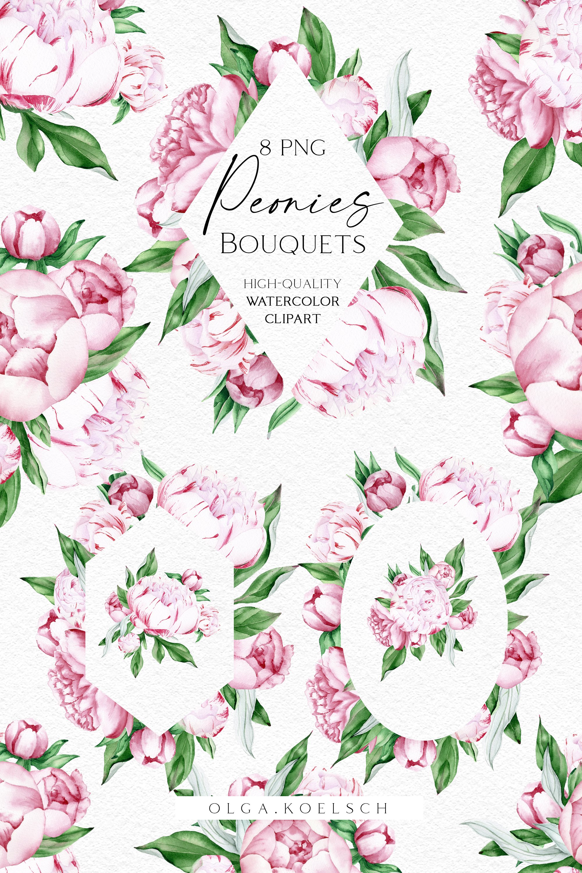 Watercolor pink peonies clipart, Watercolor boho (1287313)