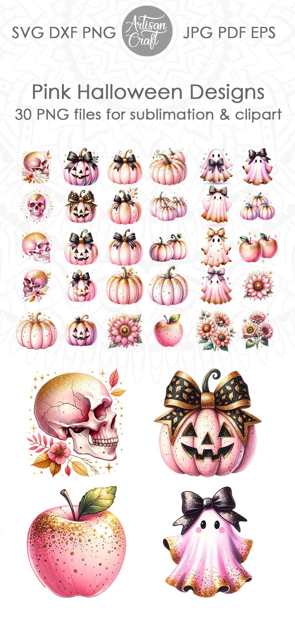 Pink Halloween Watercolor Clipart | gold glitter | Coquette