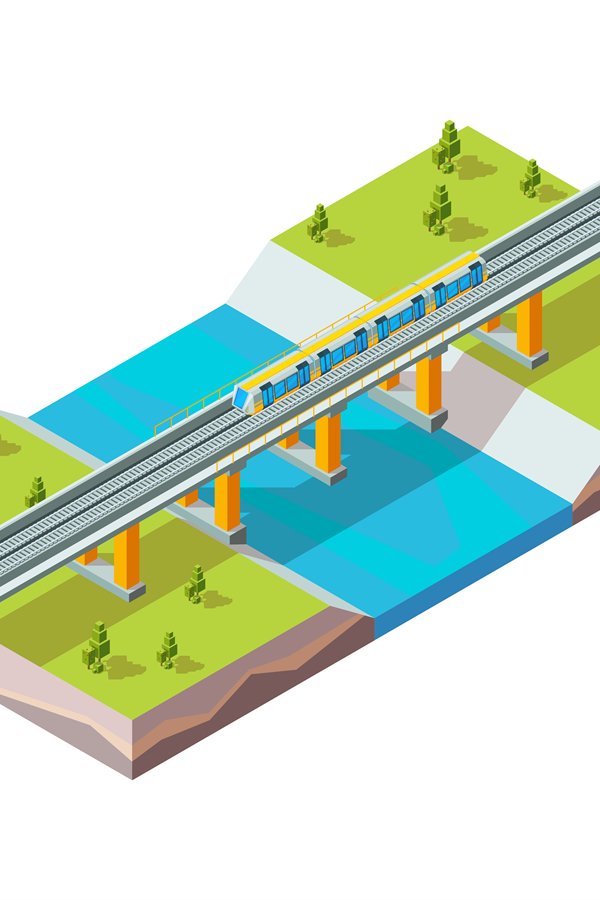 Railway viaduct. Urban train above river modern city infrast