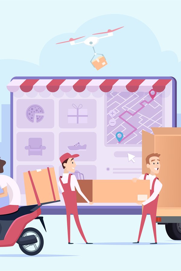 Online delivery. Fast digital shopping and urban courier tra