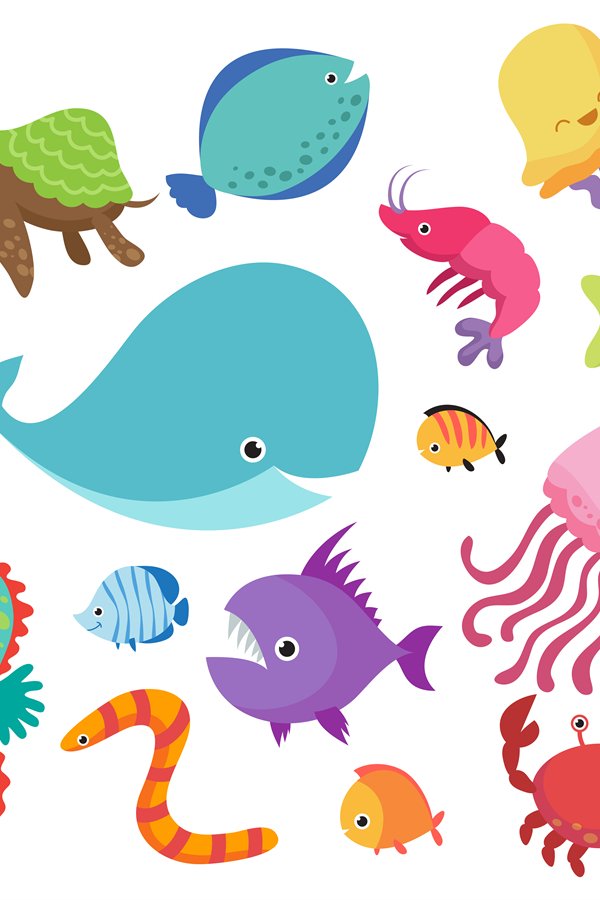 Cartoon childrens aquarium and wild sea fishes vector set
