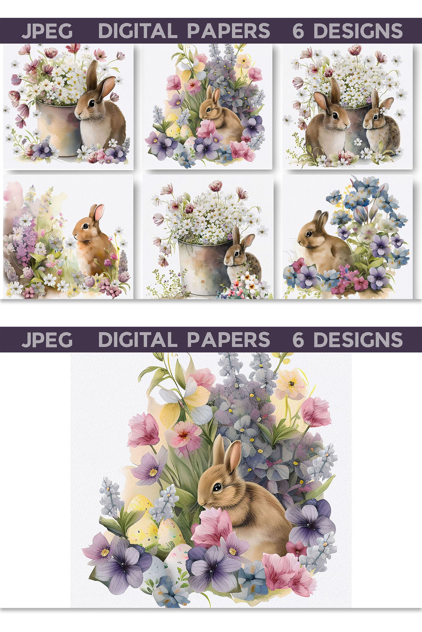 Easter Bunny With Flowers Digital Papers | Spring Bunny