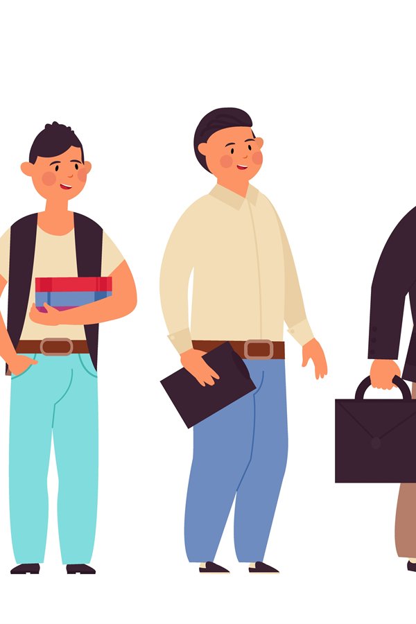 Male different ages. Cartoon student, old man child and adul