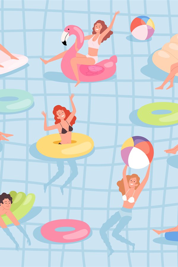 Pool relax people. Male and female characters family floatin
