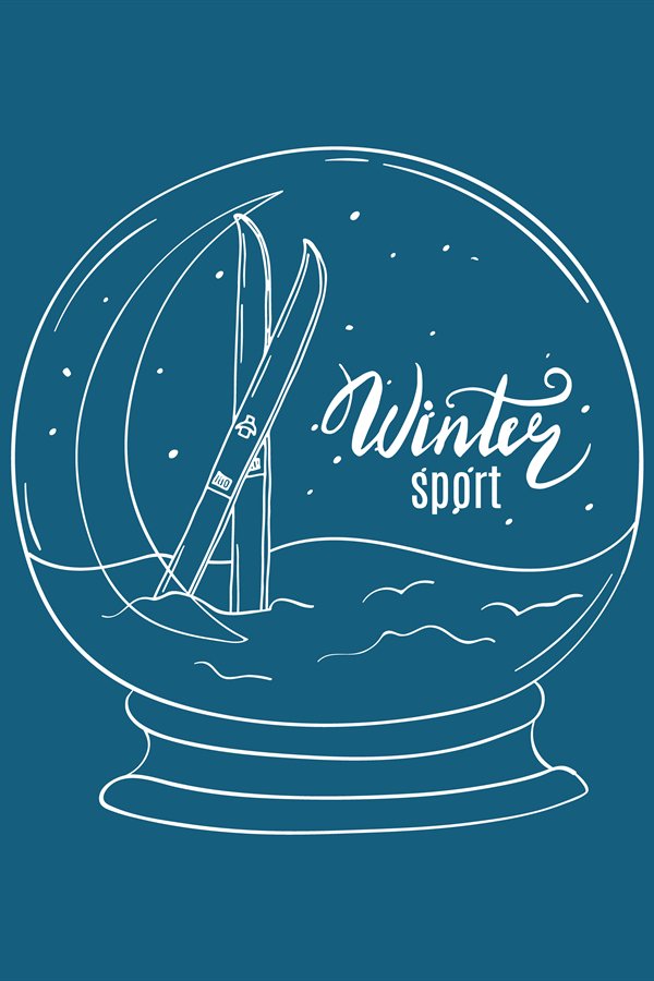 Vector hand drawn snowball with skis in snow