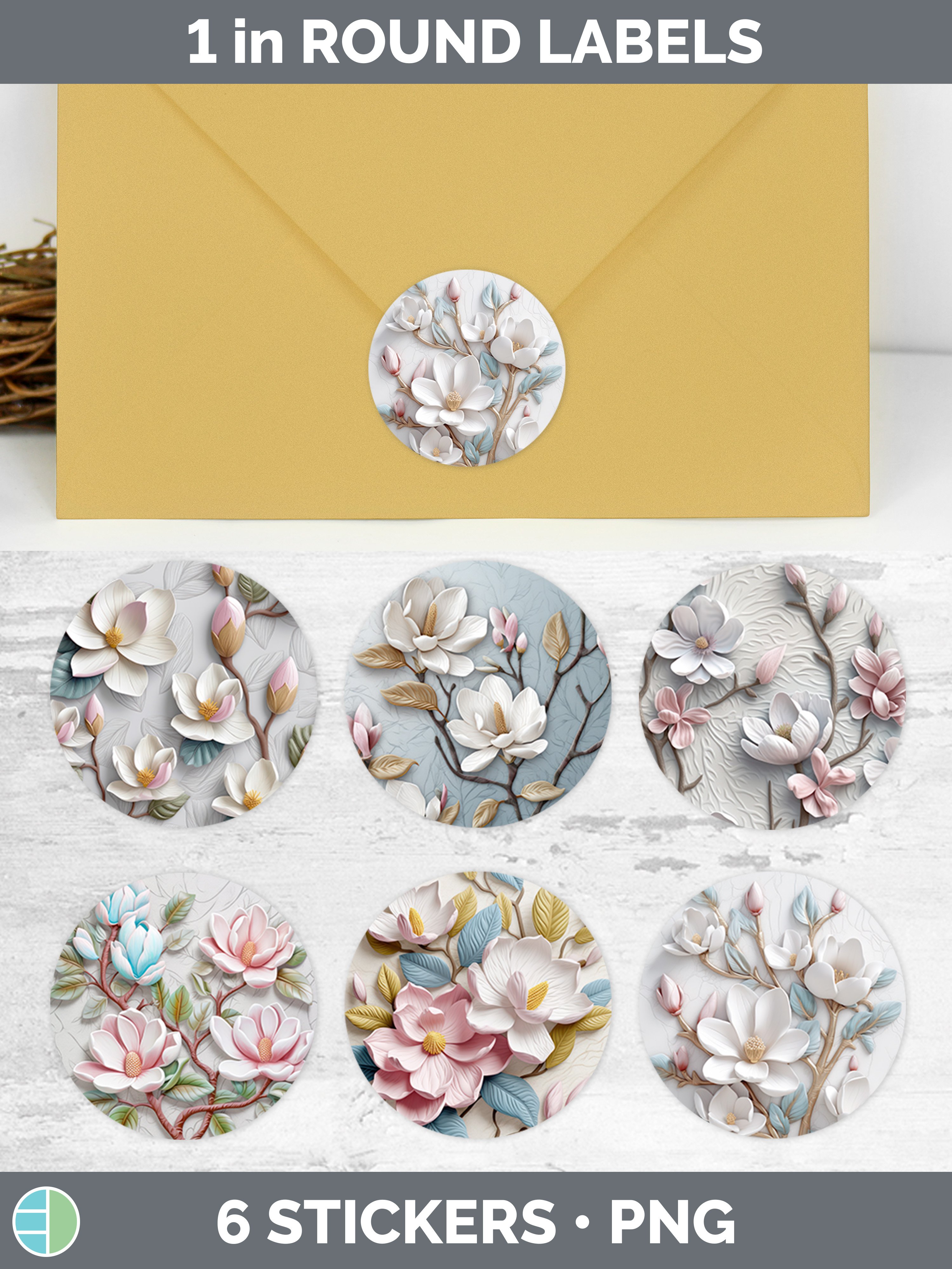 3D Magnolia Flowers Stickers | Round Labels Designs Bundle