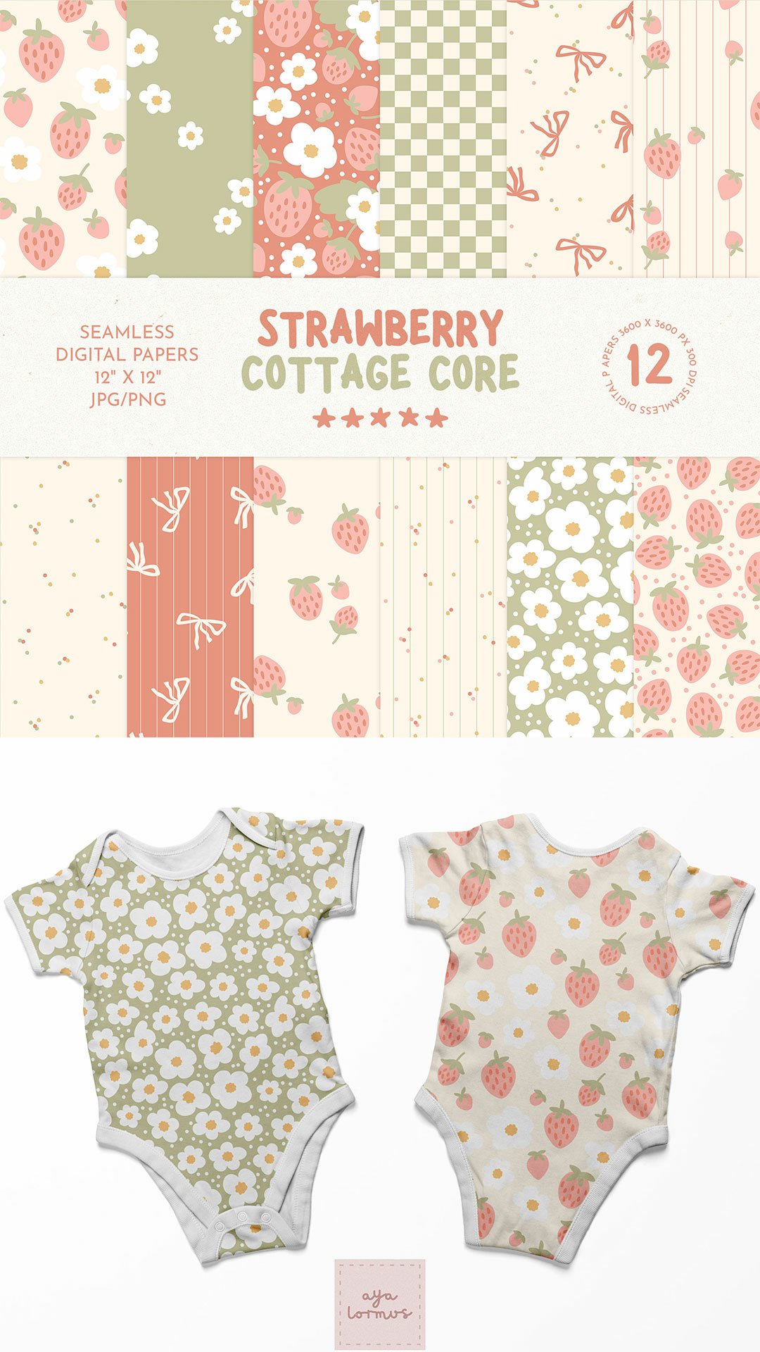 Strawberry Seamless Patterns, Cottage Core Seamless File