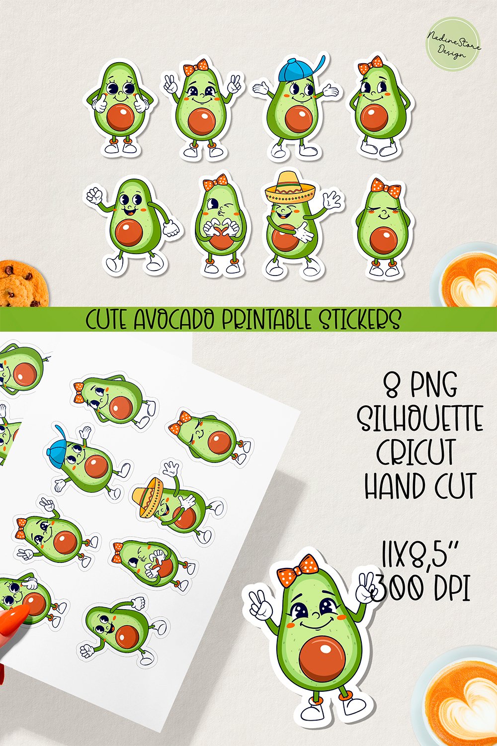 Cute Avocados printable stickers. PNG, JPG.