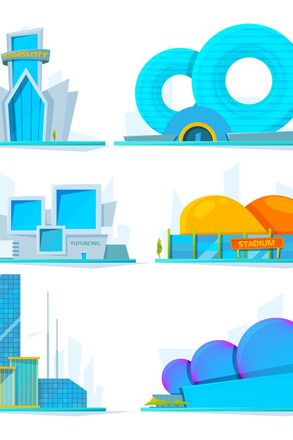 Fantastic buildings of future. Vector cartoon pictures