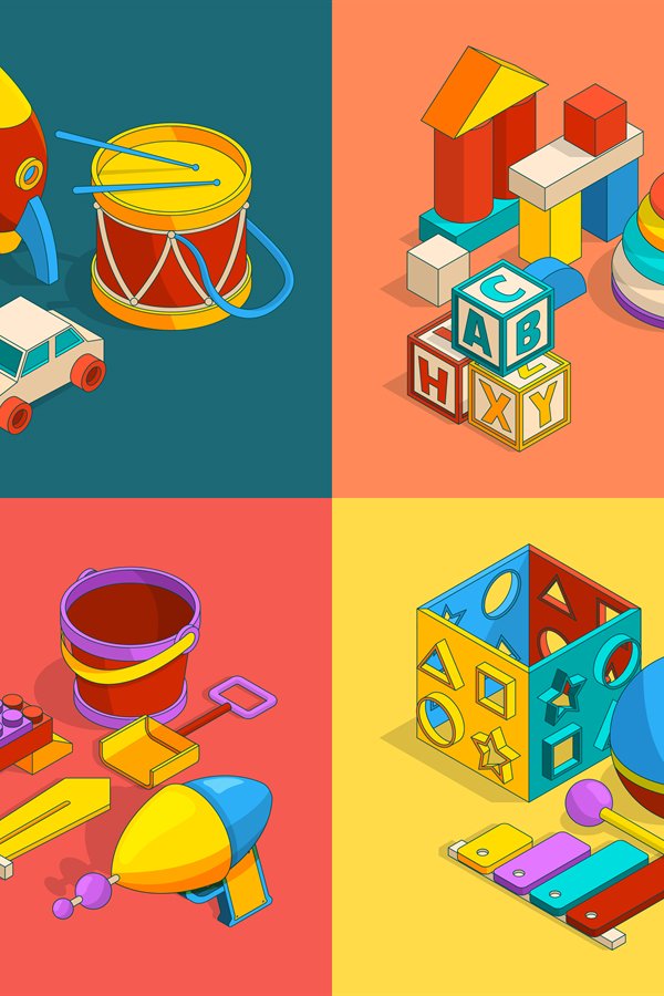 Four thematic groups of preschool children toys. Vector isom