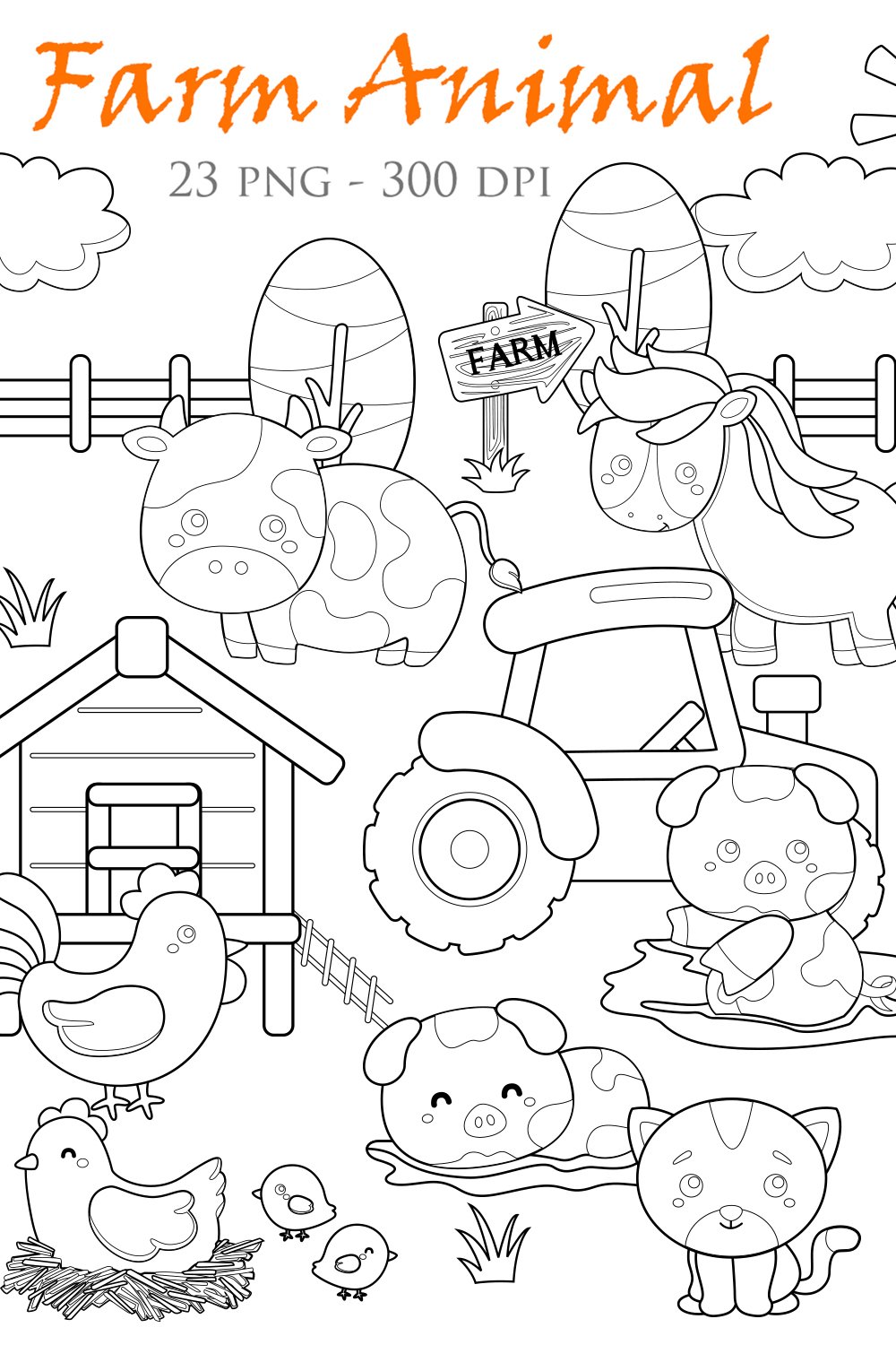 Farm Animals Chicken Duck Pig and Tractor Digital Stamp