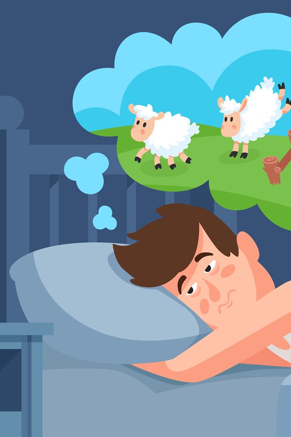 Man counts sheep to sleep. Insomnia cartoon vector illustrat