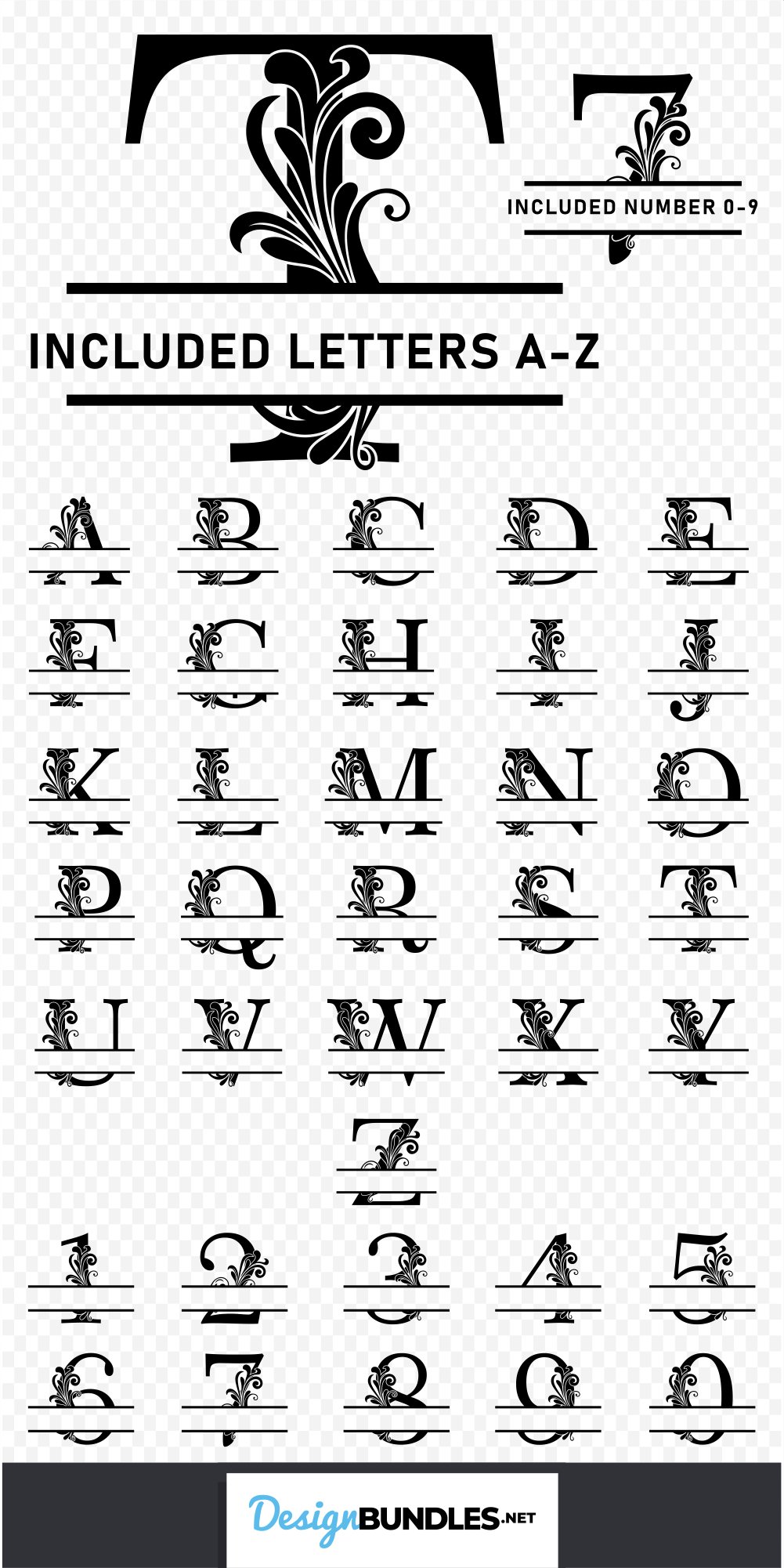 Flourish Split Monogram Letters and Numbers SVG Set