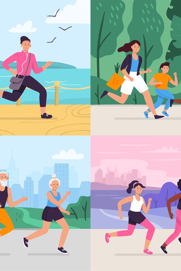 Cartoon running workout. Runner run outdoor at park fitness