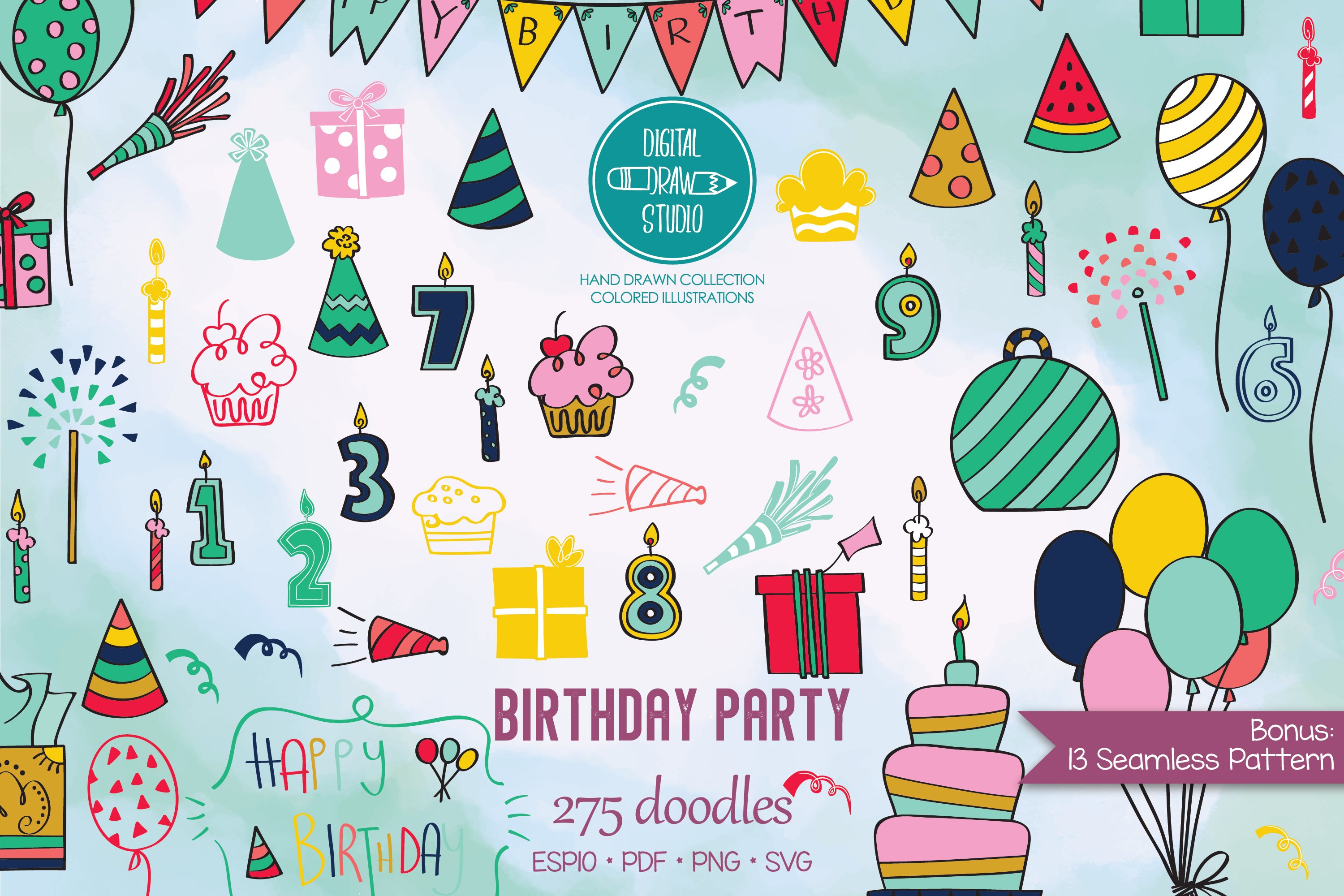 Color Birthday Party | Hand drawn Cakes, Candles, Balloons