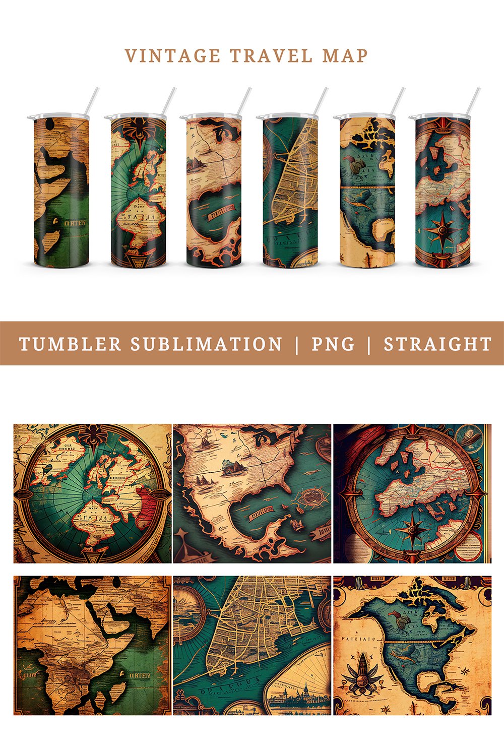 Vintage Travel Map tumbler sublimation bundle, 6 wrap design