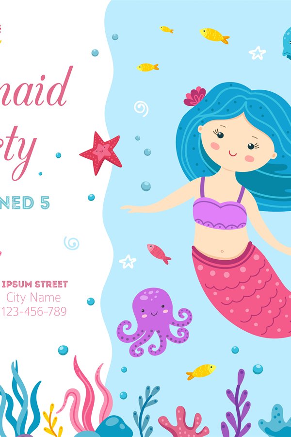 Mermaid party. Cute princess birthday invitation with ocean