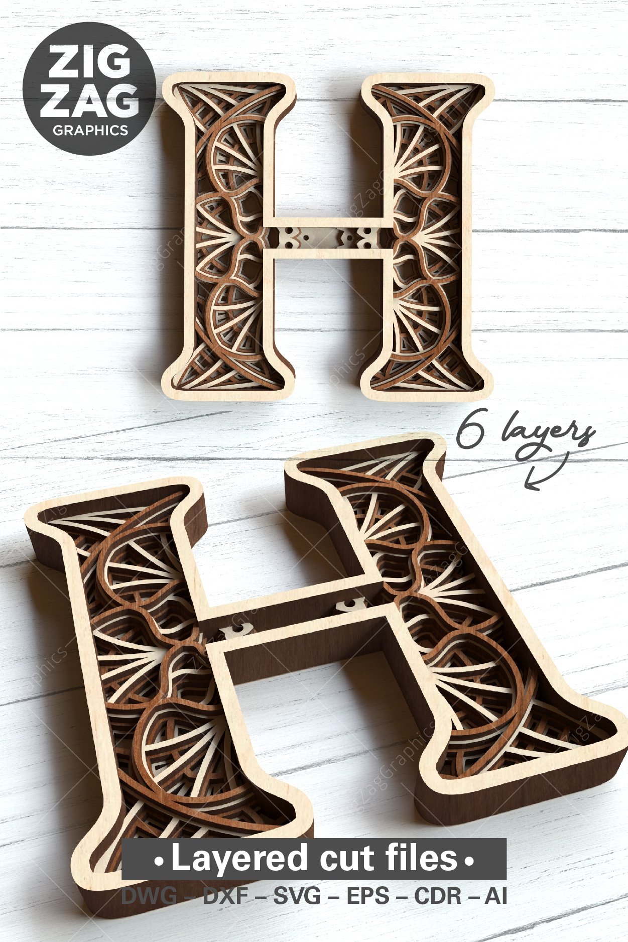 3D Layered mandala letter H svg cut file