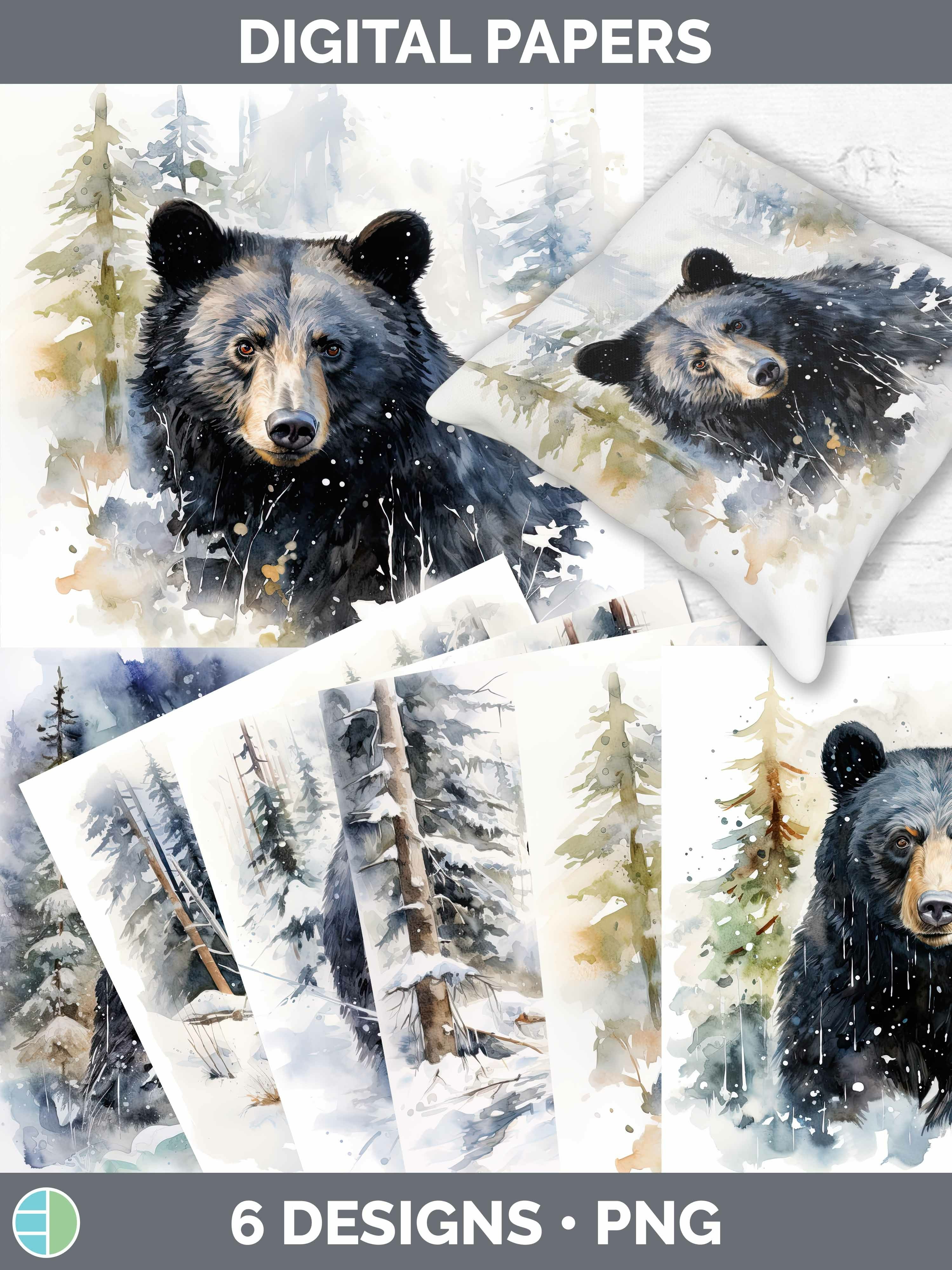 Watercolor Black Bear Paper Backgrounds | Bundle Digital Scr