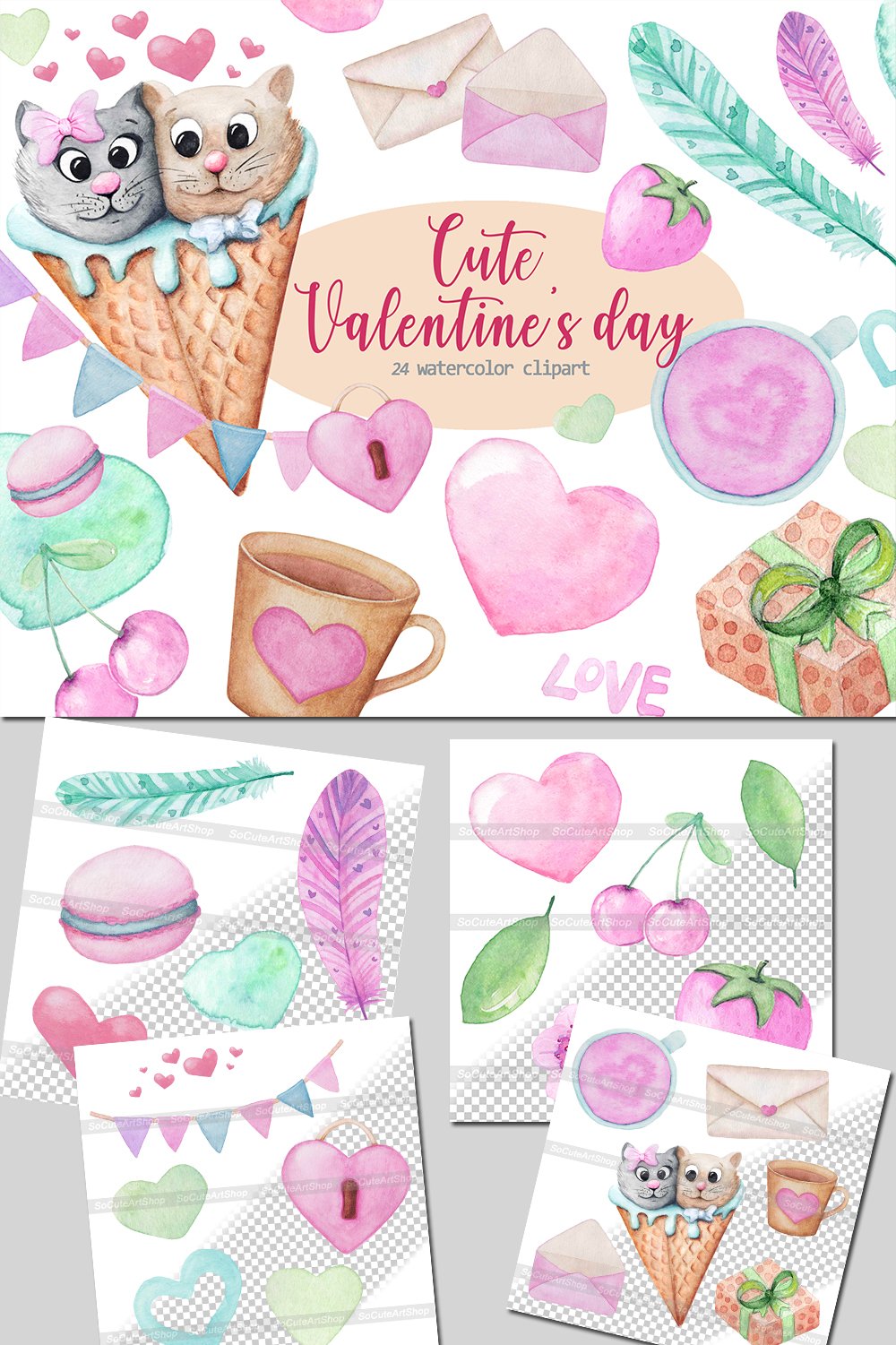 Cute Valentine's day clipart. Watercolor Love clip art