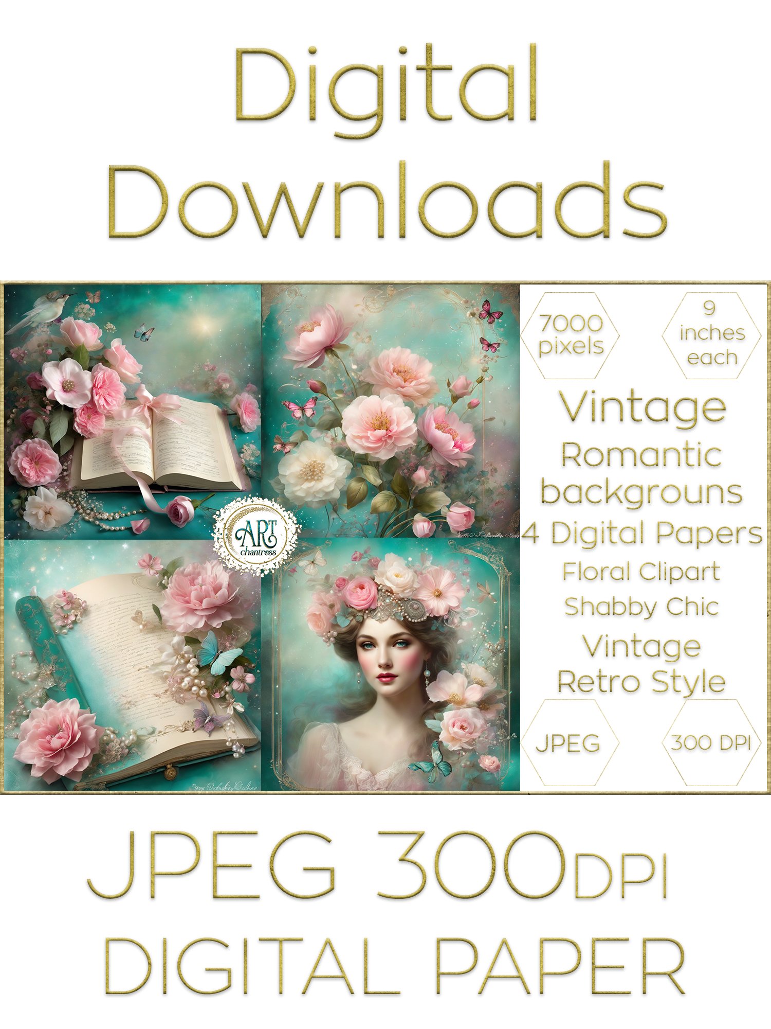 Vintage Floral Teal Blush Pink Old Romantic Retro Digital