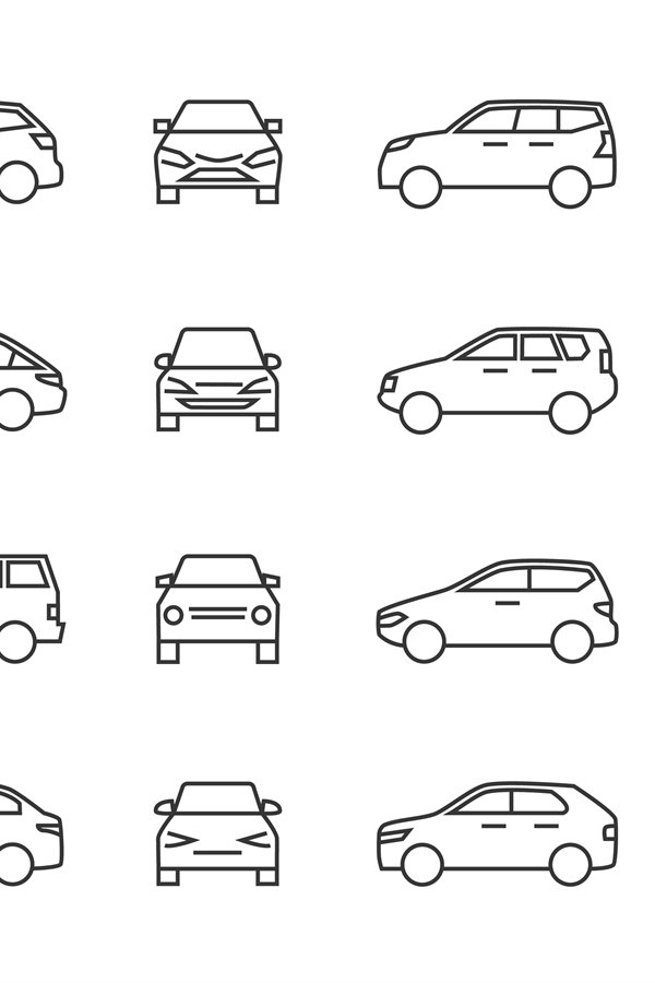 Cars front and side view line signs, auto symbols. Vehicle o