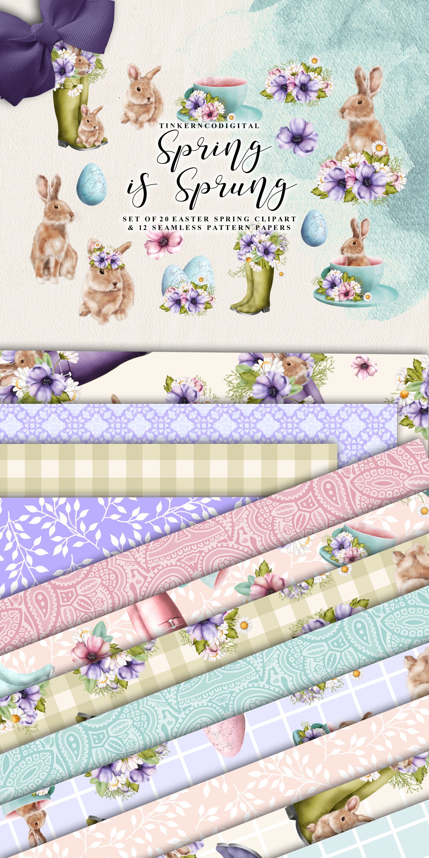Easter bunny and teacup clipart set and patterned papers