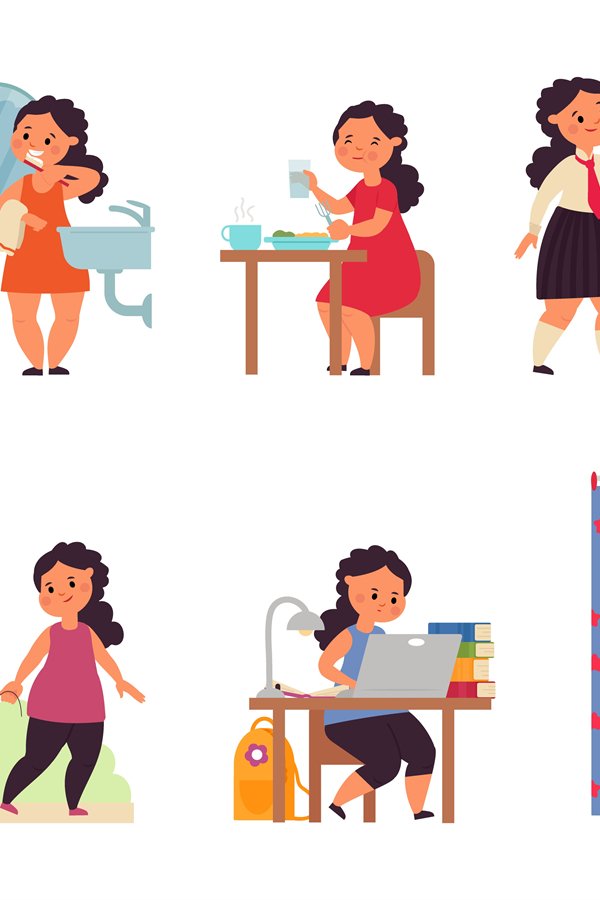 Girl daily routine. Happy personal hygiene, cartoon children