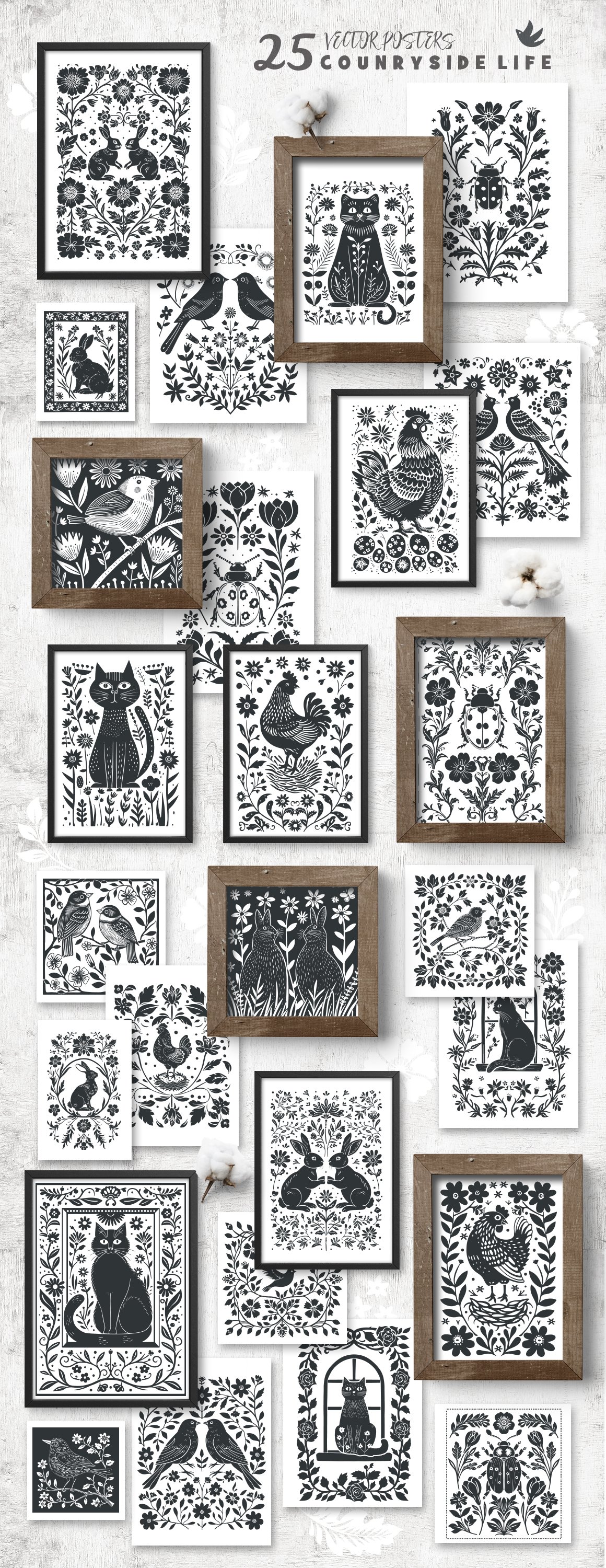 100 Folk Art vector linocut posters