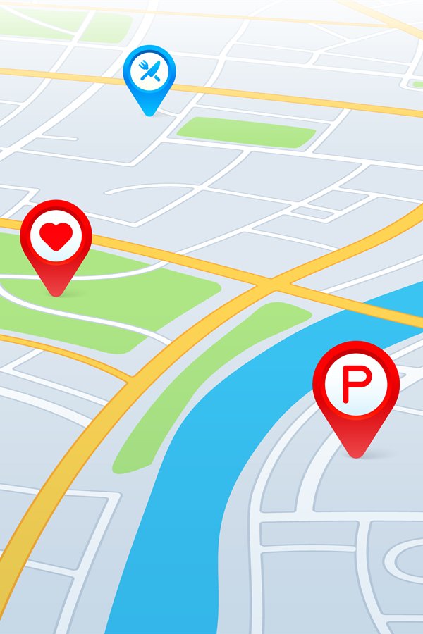 City map in perspective. Gps navigation route with pointers