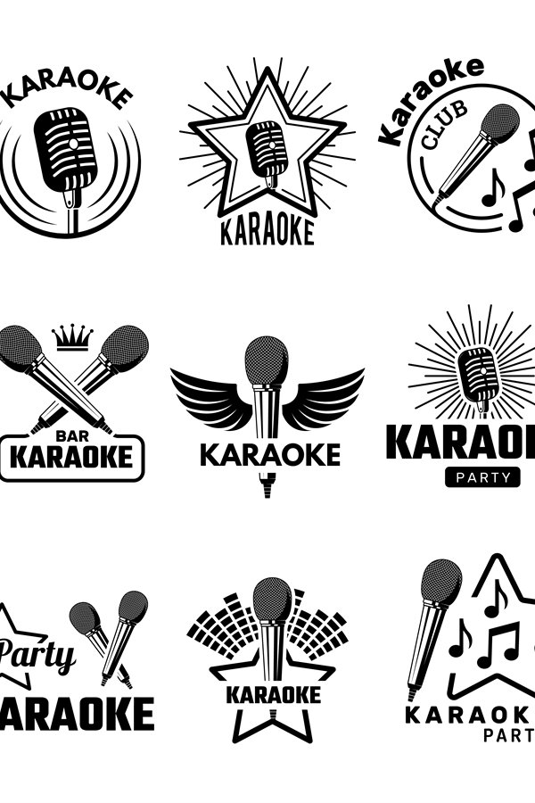 Karaoke event. Music party symbols emblems with microphone s