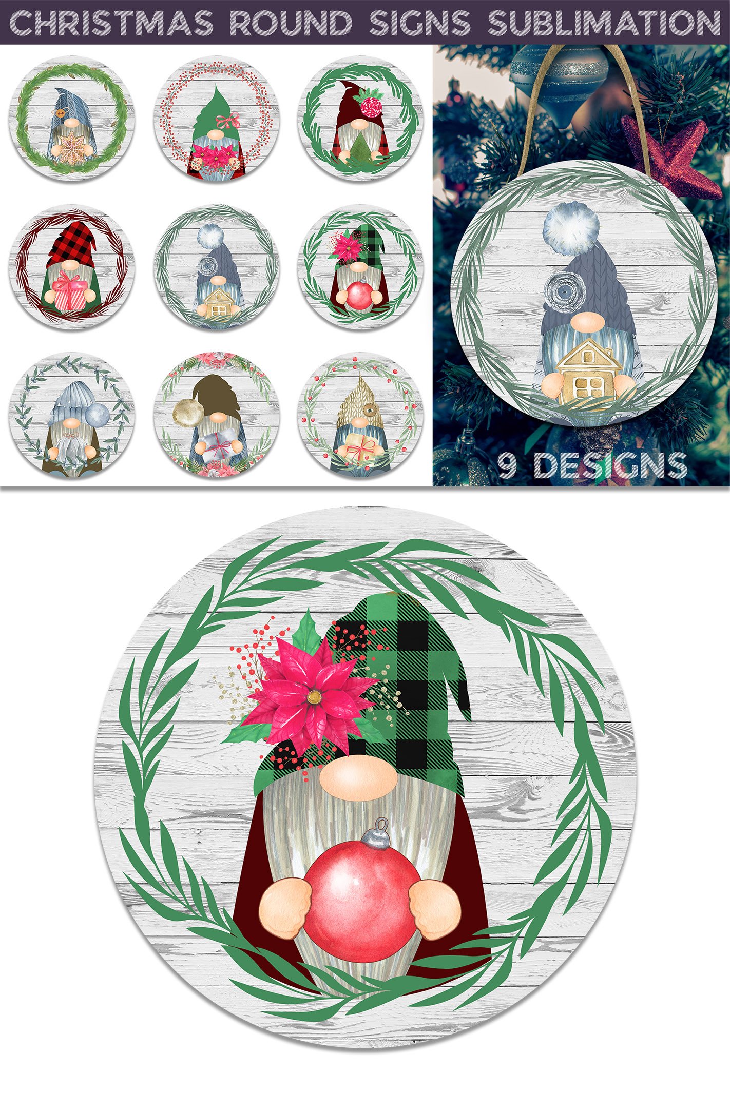 Christmas Gnome Round Signs | Christmas Ornament PNG