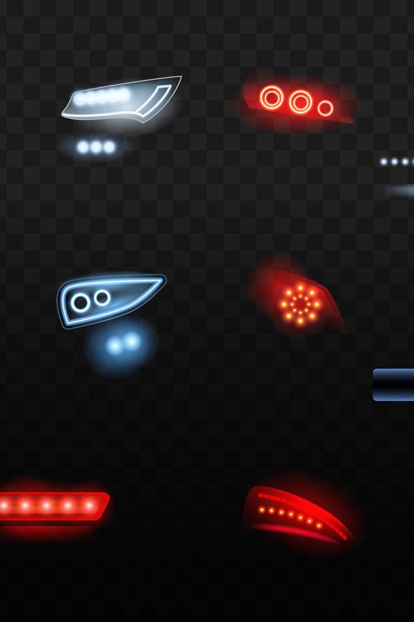 Automobile led light. Red and white car headlights in night