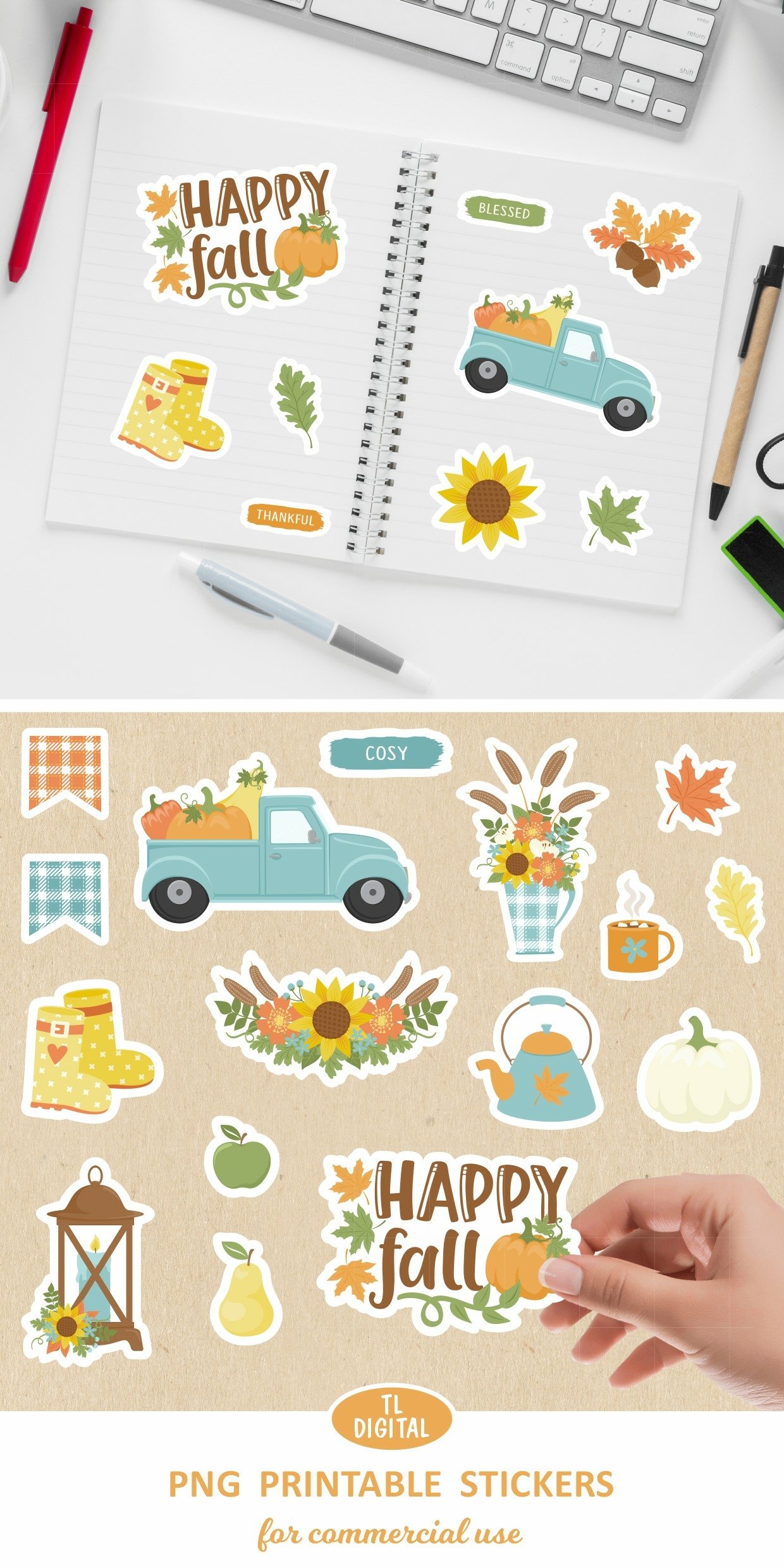Happy Fall Printable Stickers PNG digital files