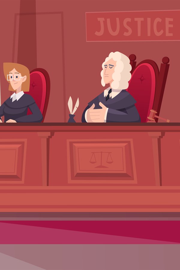 Courtroom. Judges in uniform sitting at court lawyers worker