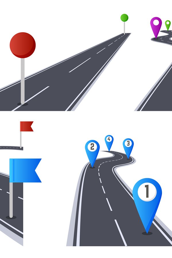 Roadmap with pins. Bending asphalt roads navigation