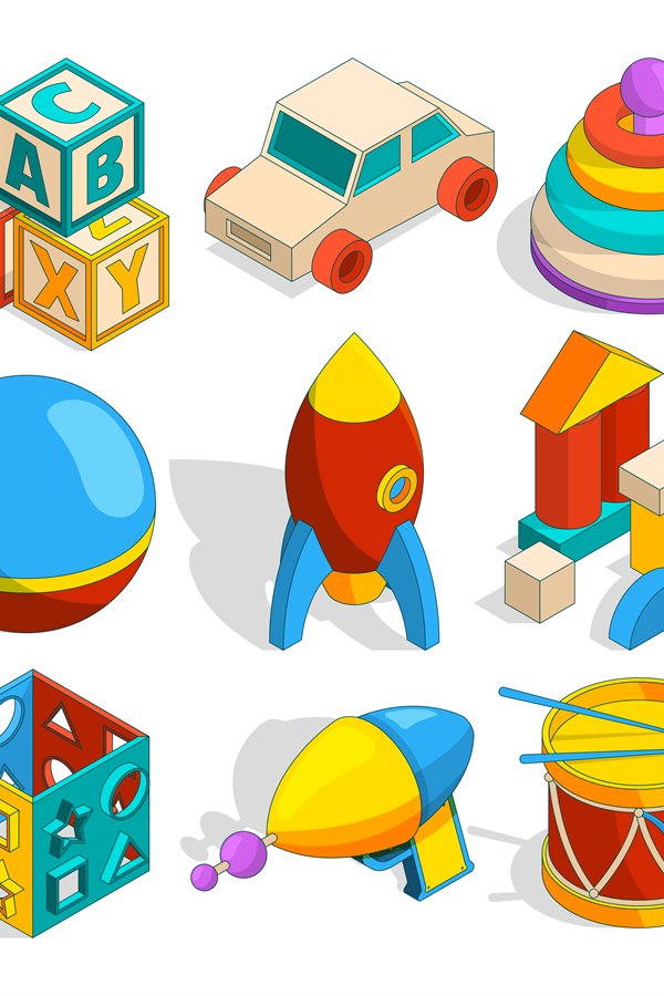 Isometric illustrations of various childrens toys