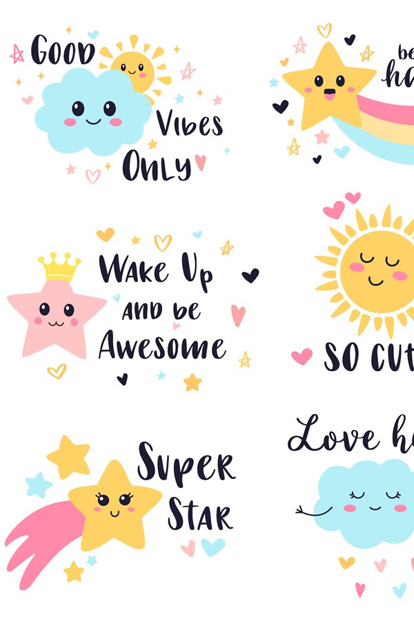 Cute baby labels. Kids sun, cloud and rainbow decorative