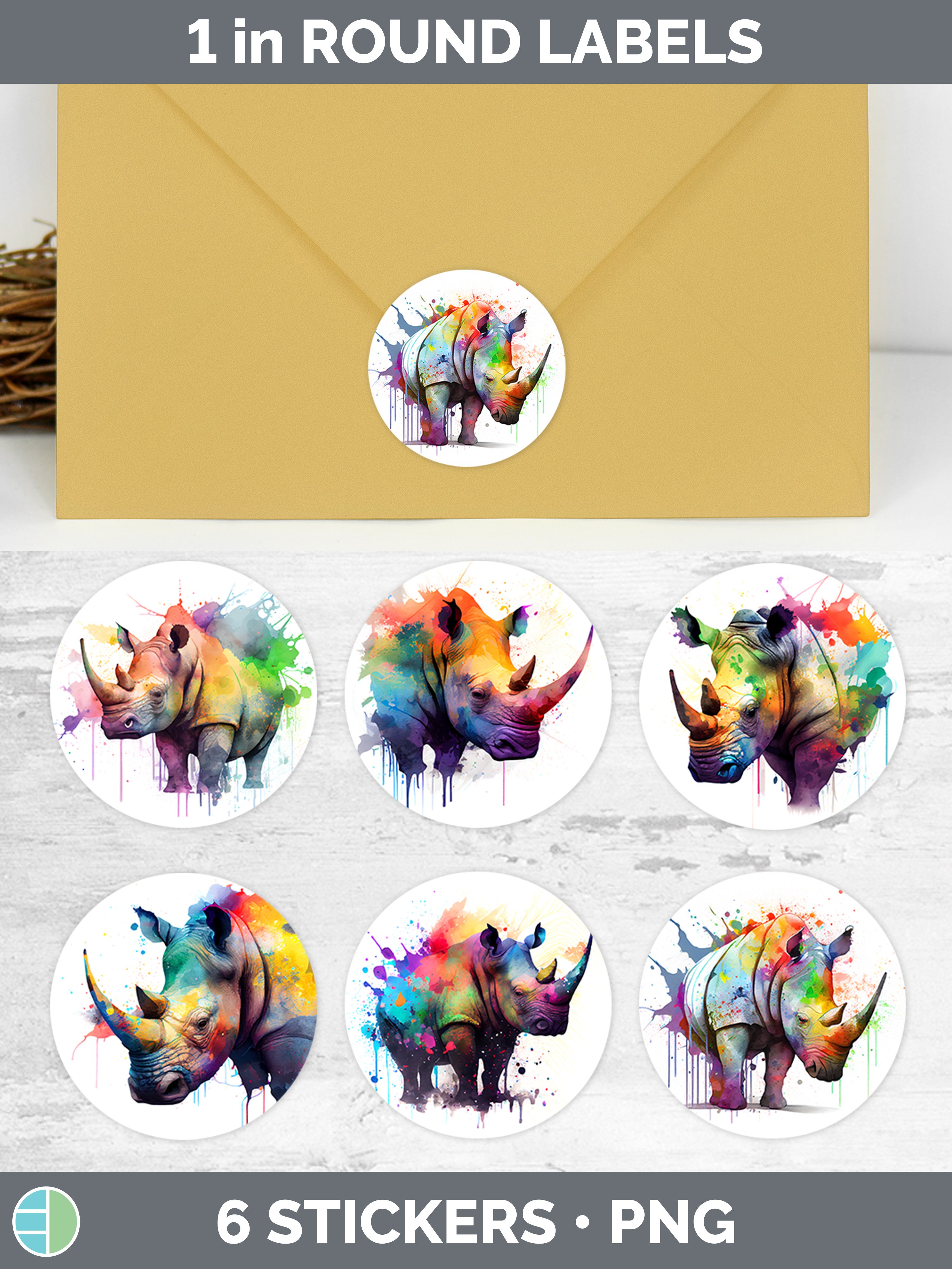 Rainbow Rhino Stickers | Round Labels Designs Bundle