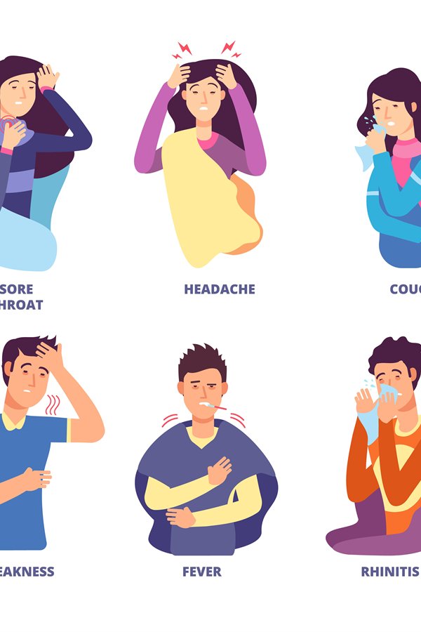 Flu symptoms. People demonstrating cold sickness. Fever coug