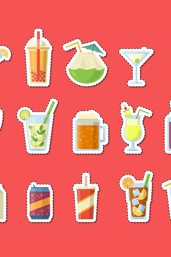 Vector stickers set with alcoholic drinks in glasses and bot