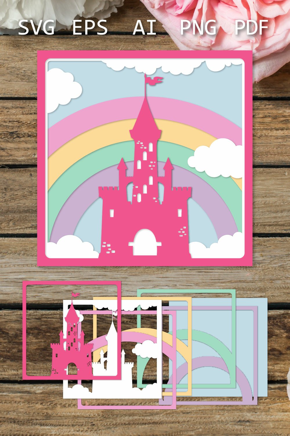 Layered papercut Castle with Rainbow 3D, Shadow Box SVG