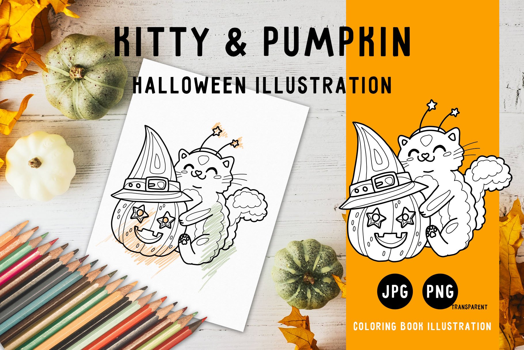 Halloween cat art Kitty & Pumpkin coloring page (1568768)