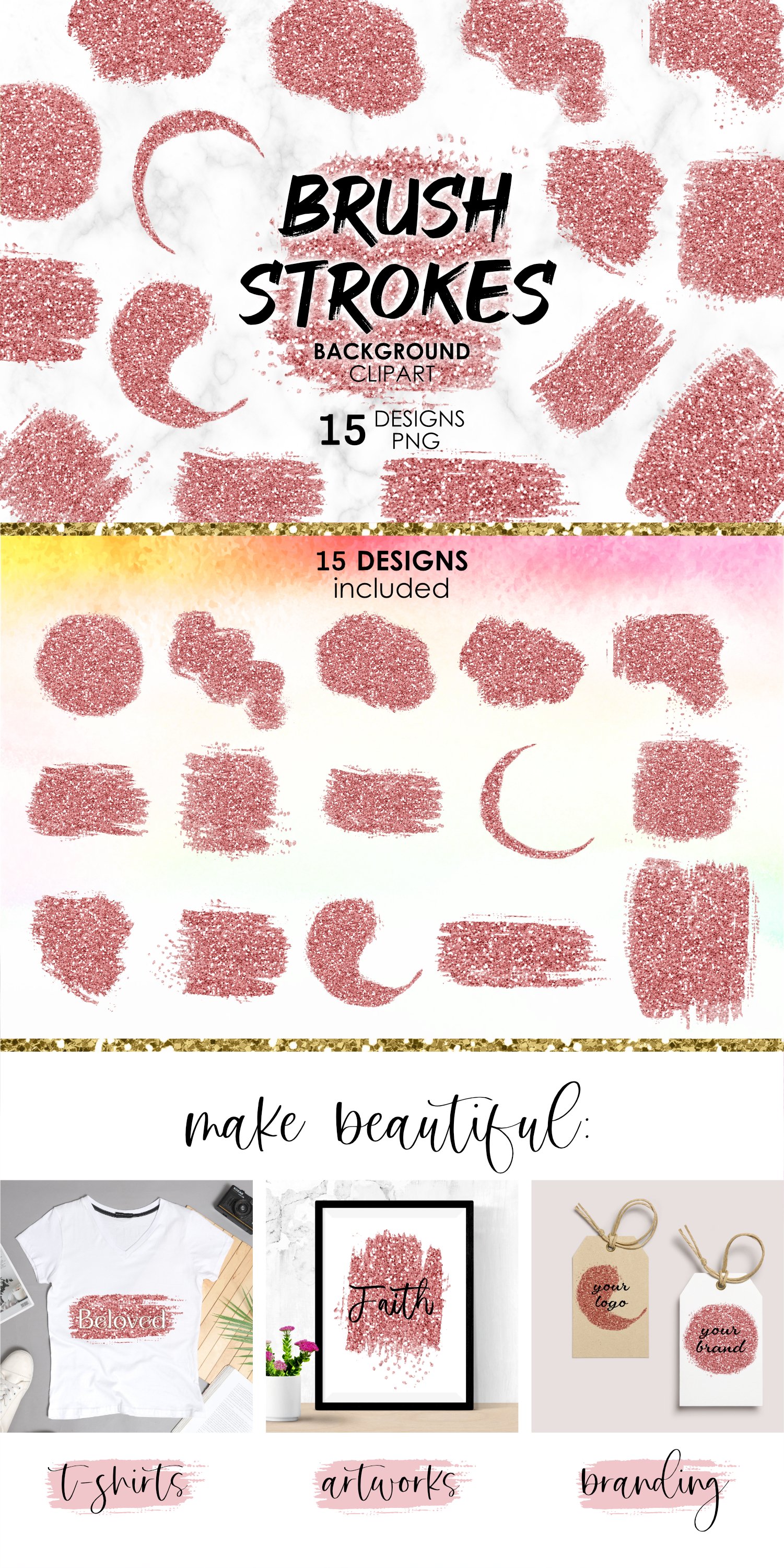 Rose Gold Glitter Overlay Brush Stroke Background Bundle Png