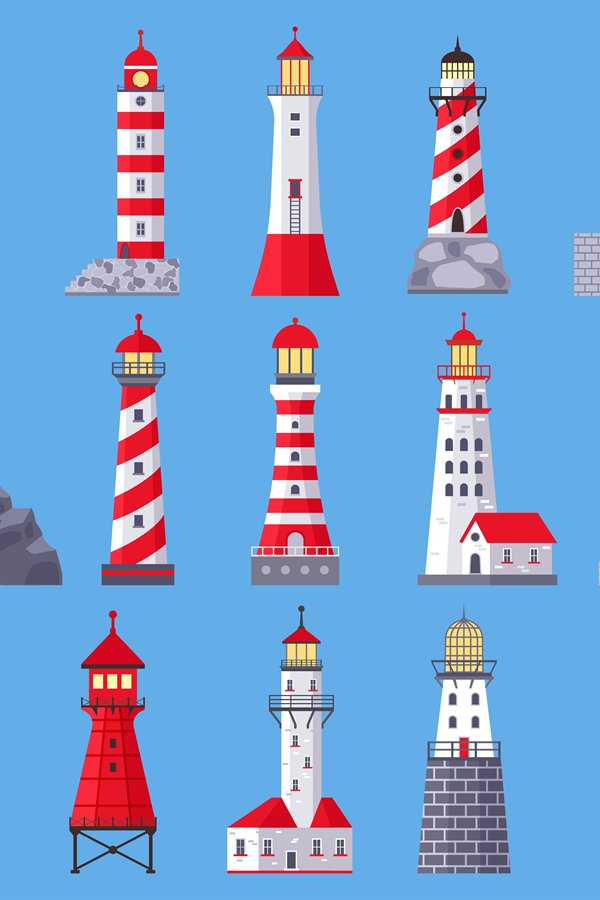 Architectural lighthouse. Sea beacons with searchlight, mari