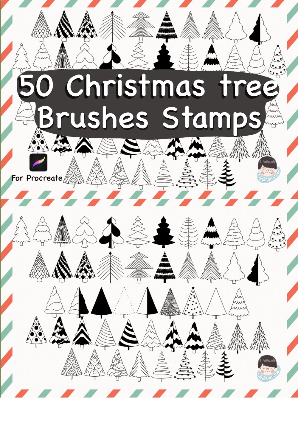 50 Christmas Tree Procreate Brush Stamps,Doodle Christmas