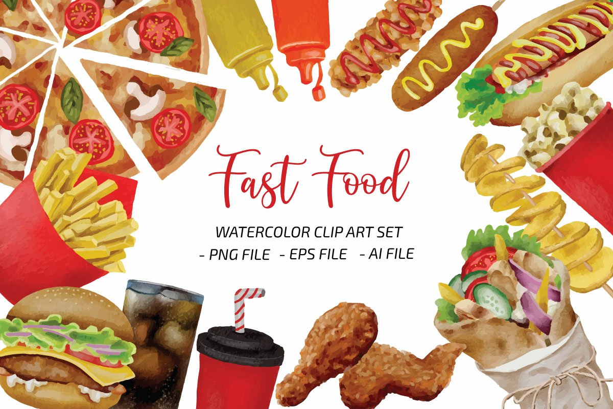 Fast Food Watercolor Clip Art Set PNG