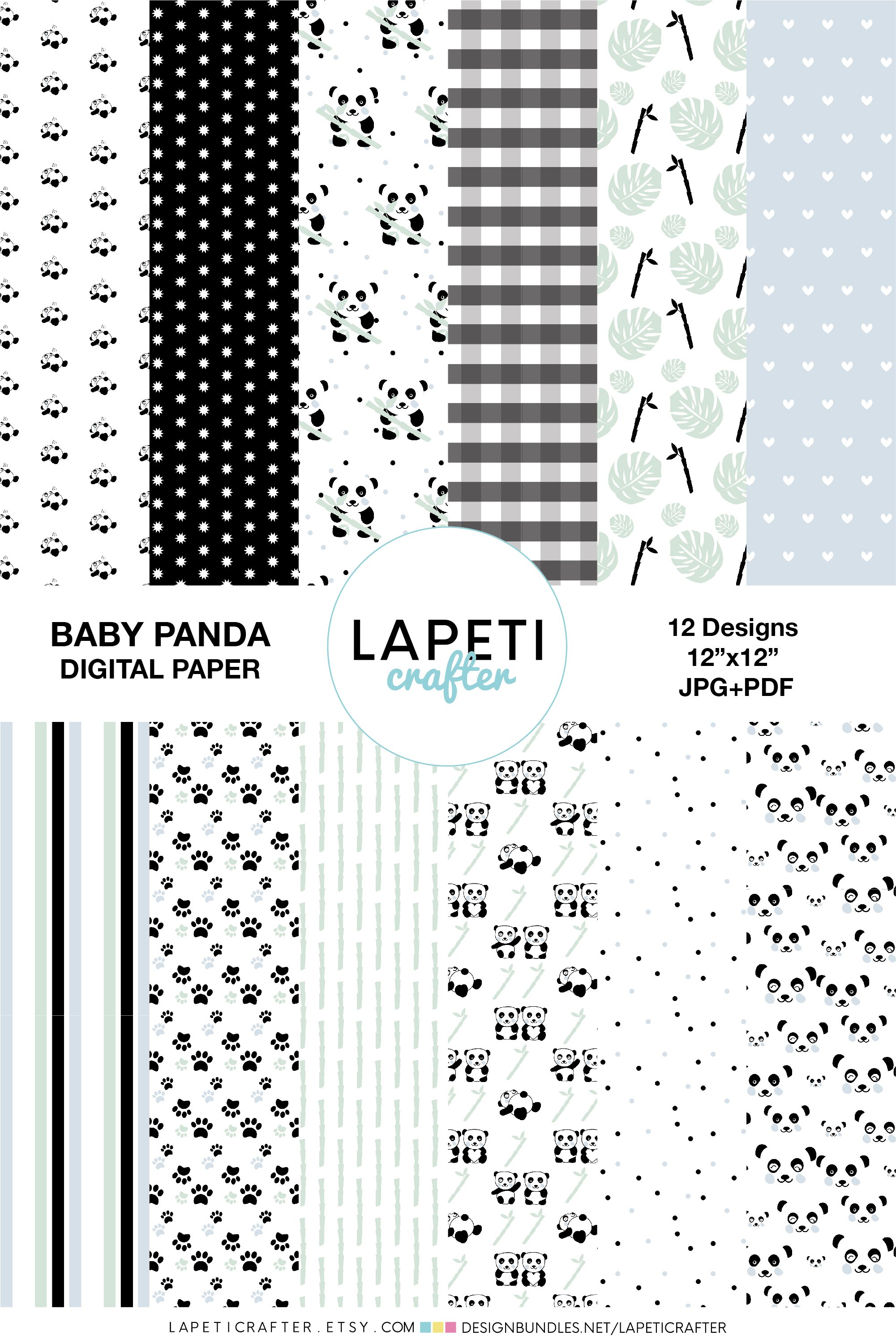 Panda bear digital paper for baby boy | 12 Printable Papers