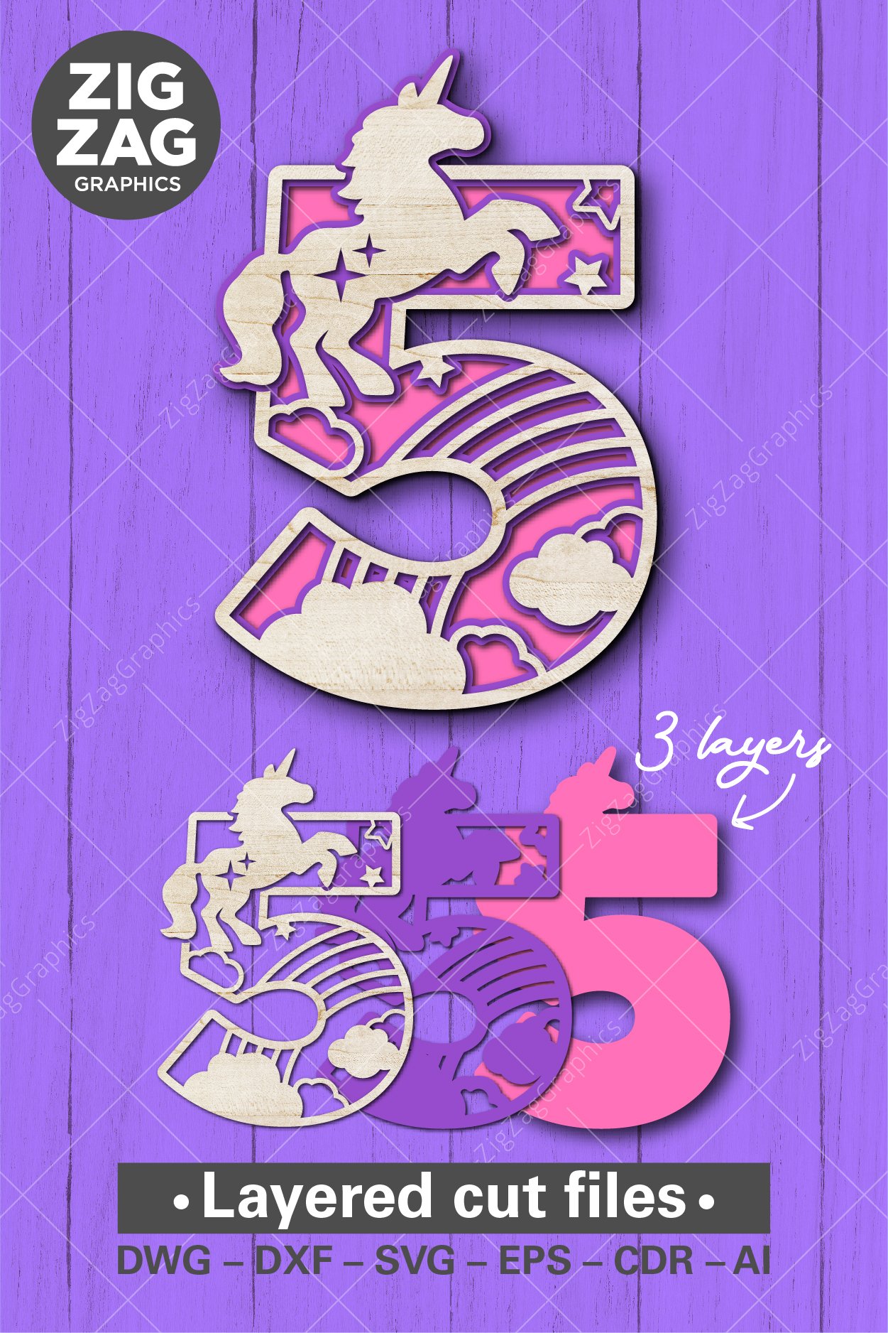 3D Layered Layered Number 5 svg cut file