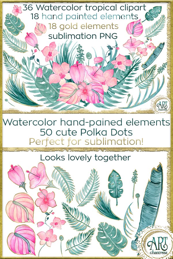 Watercolor BUNDLE Tropical leaves & Flowers Clipart PNG